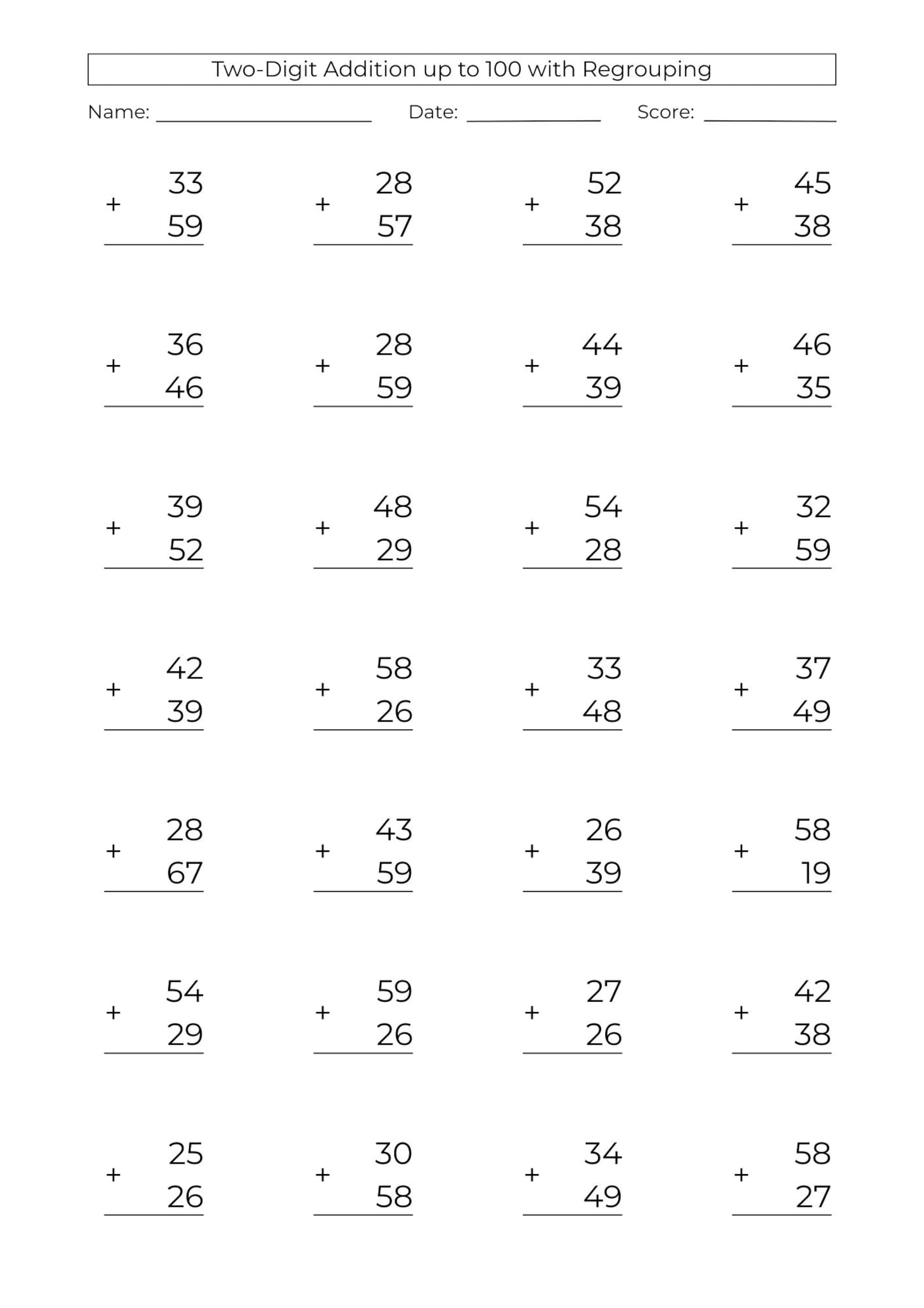 10 Printable Double Digit Addition With Regrouping to 100 Worksheets ...