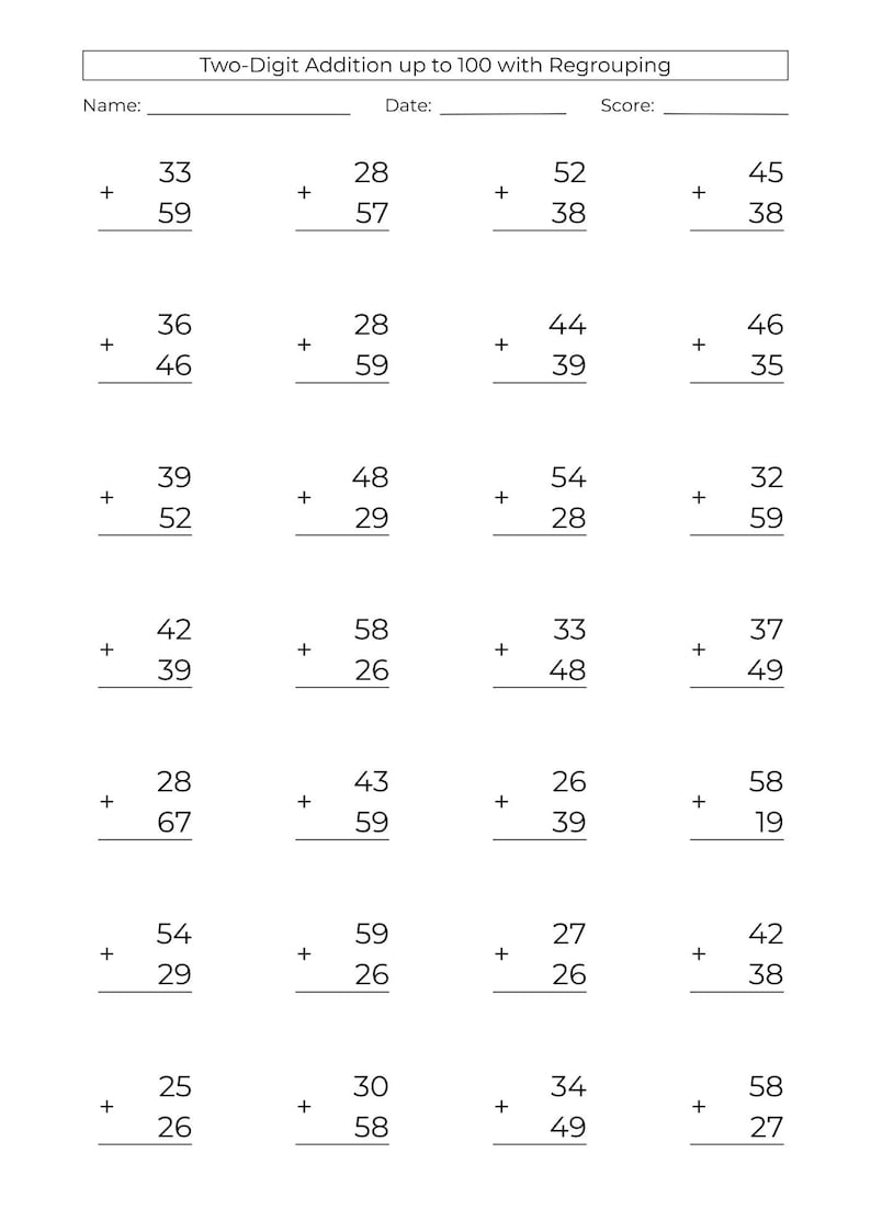 10 Printable Double Digit Addition With Regrouping to 100 Worksheets ...