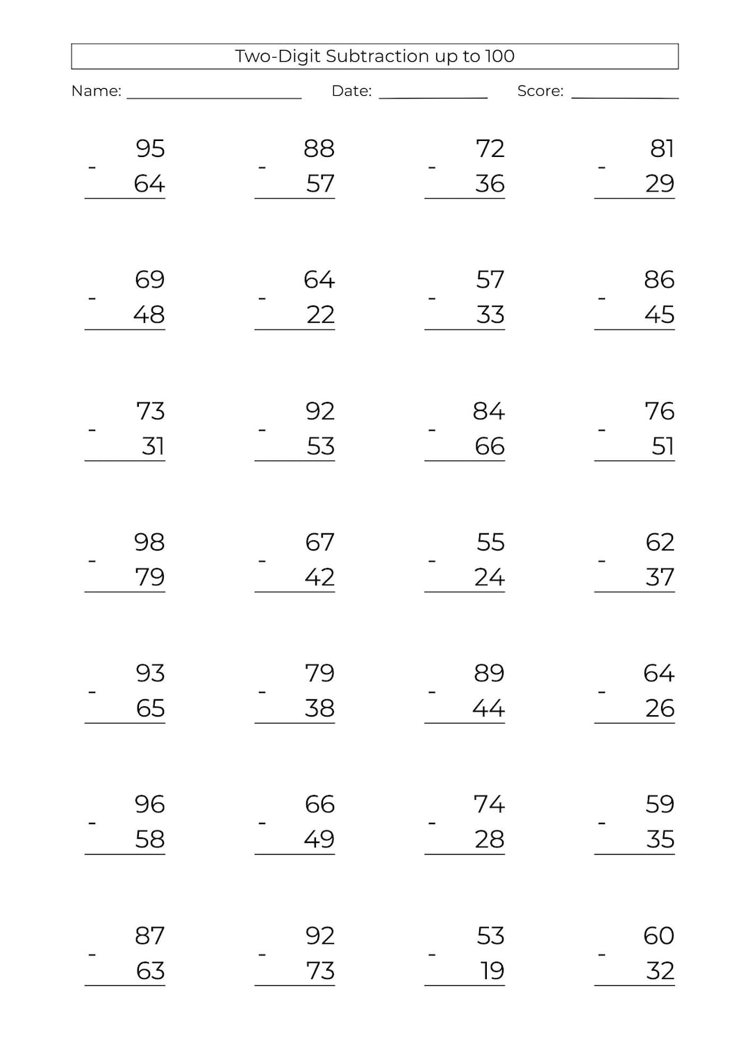 10 Printable Two Digit Subtraction Worksheets Subtraction to 100 Column ...