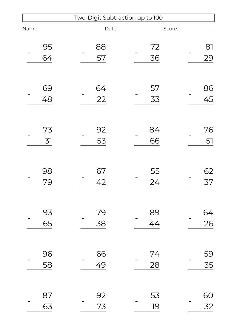 10 Printable Two Digit Subtraction Worksheets: Mental Math Practice ...