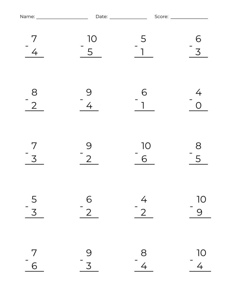 10 Printable Single Digit Subtraction Worksheets: Math Drills to 10 ...