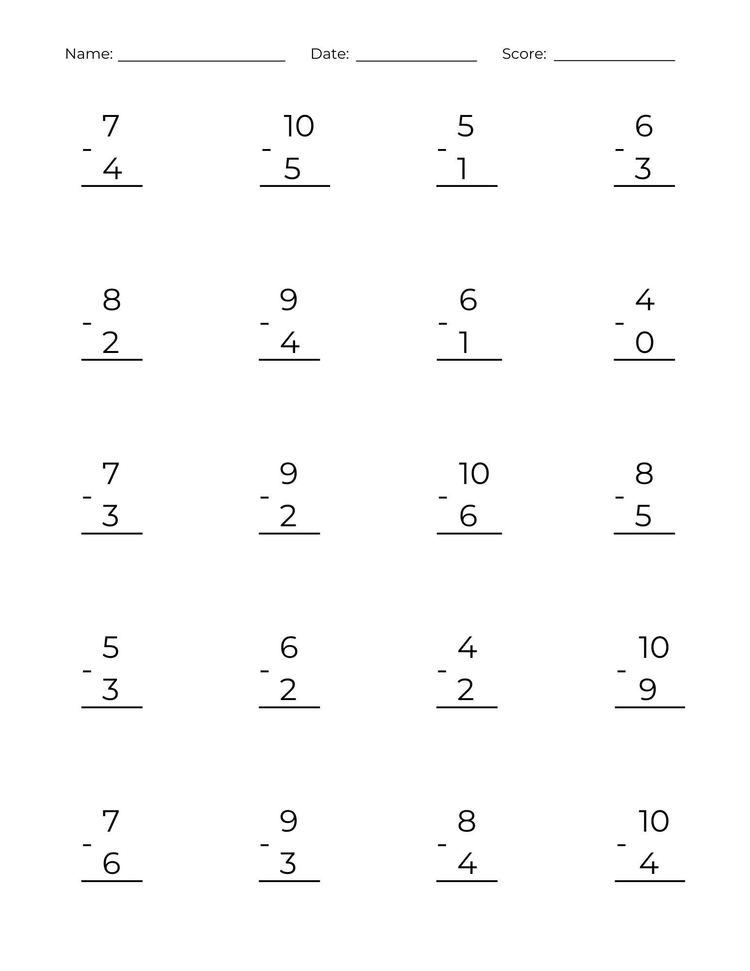 10 Printable Single Digit Subtraction Worksheets: Math Drills to 10 ...