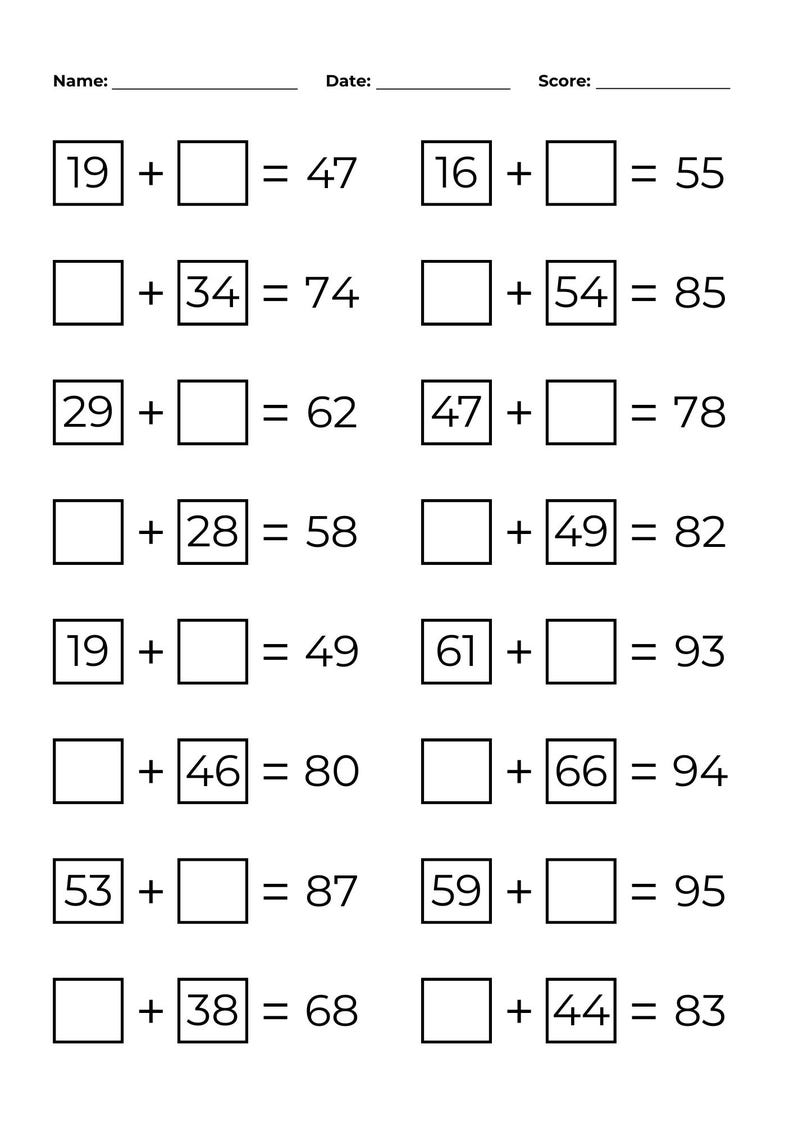 10 Printable Missing Addends Worksheets: Addition to 100 (PDF Pattern ...