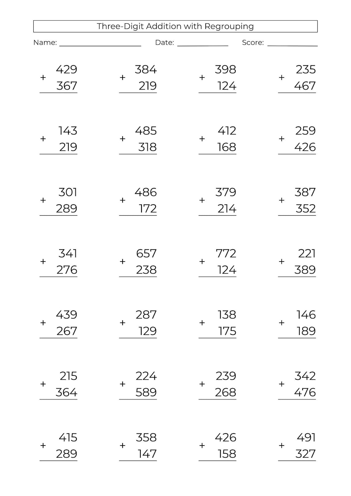 10 Printable 3 Digit Addition With Regrouping Worksheets 3 Digit ...