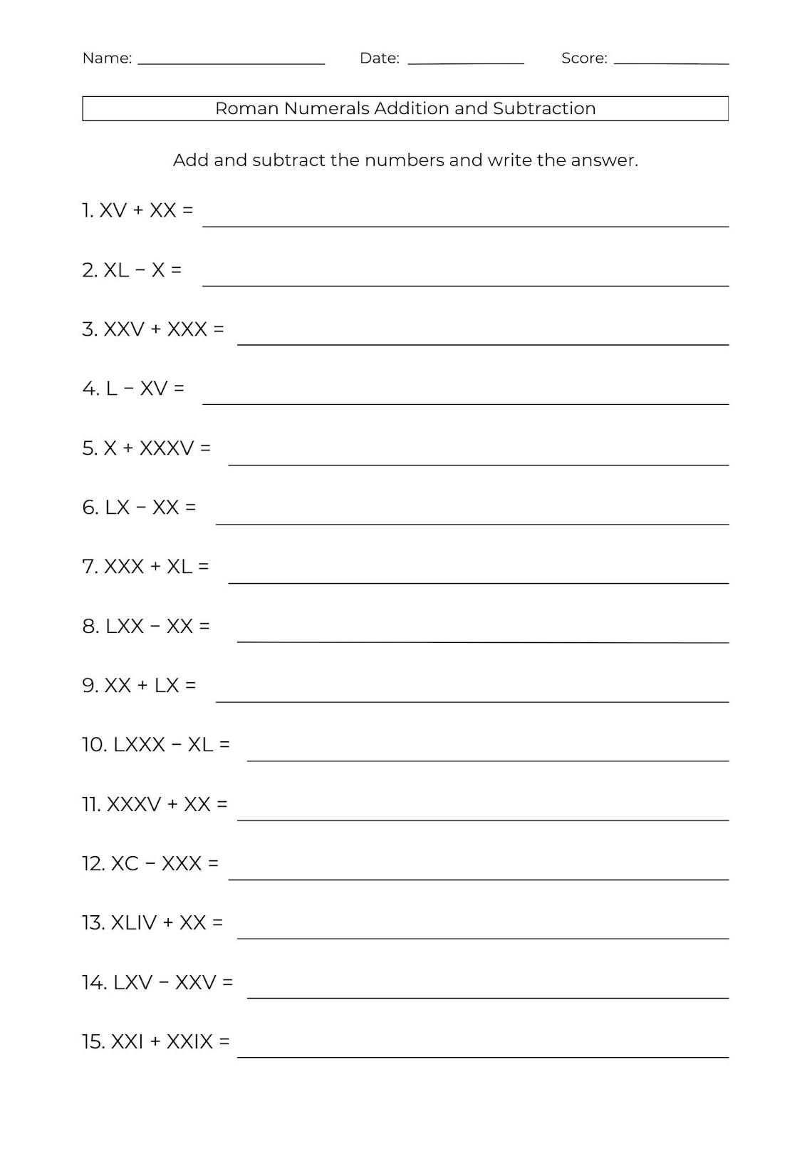 10 Printable Roman Numerals Worksheets: Read, Write, Add & Subtract ...