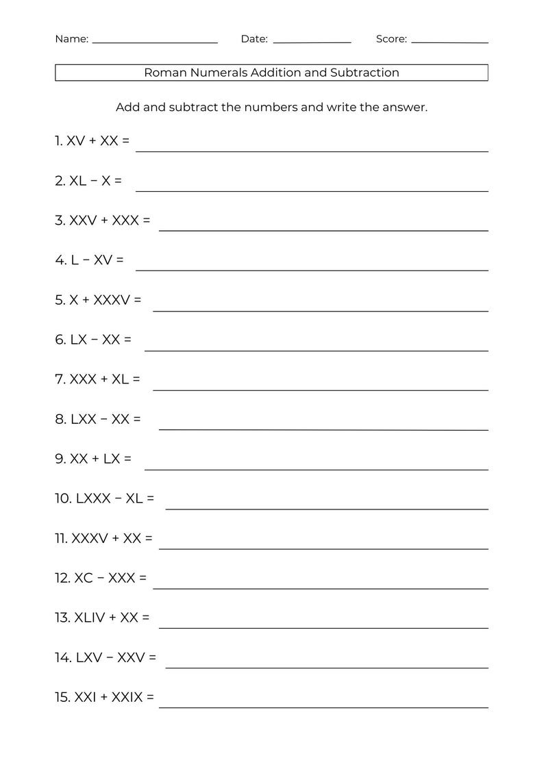 10 Printable Roman Numerals Worksheets: Read, Write, Add & Subtract ...