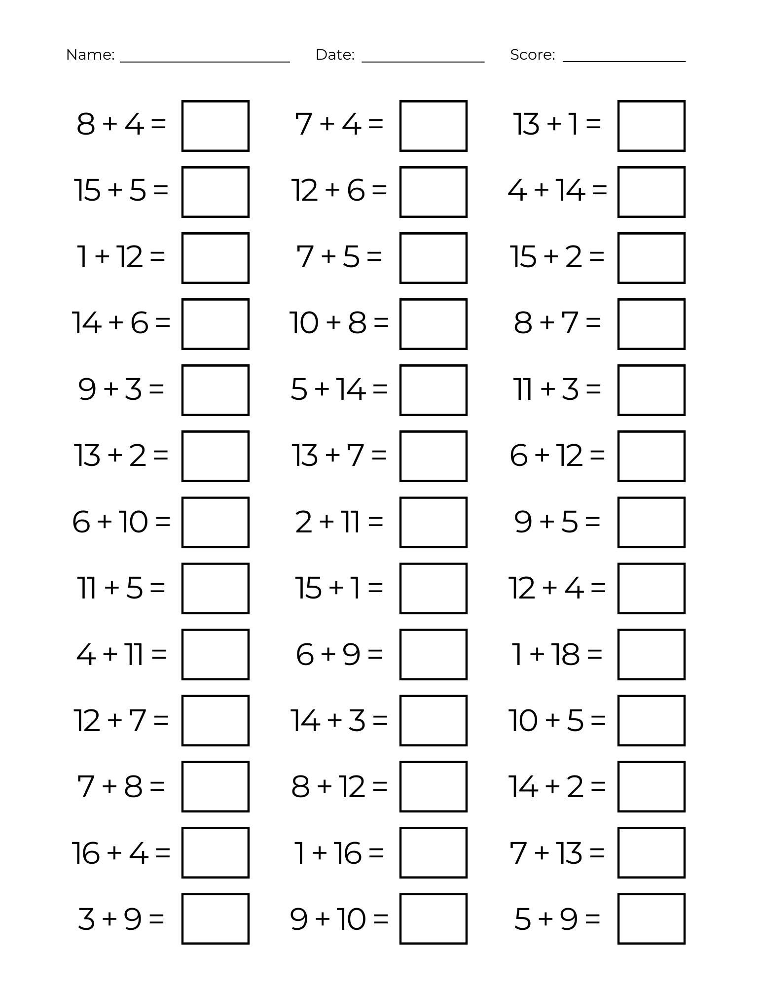 10 Printable Adding to 20 Worksheets - Simple Addition One Digit ...