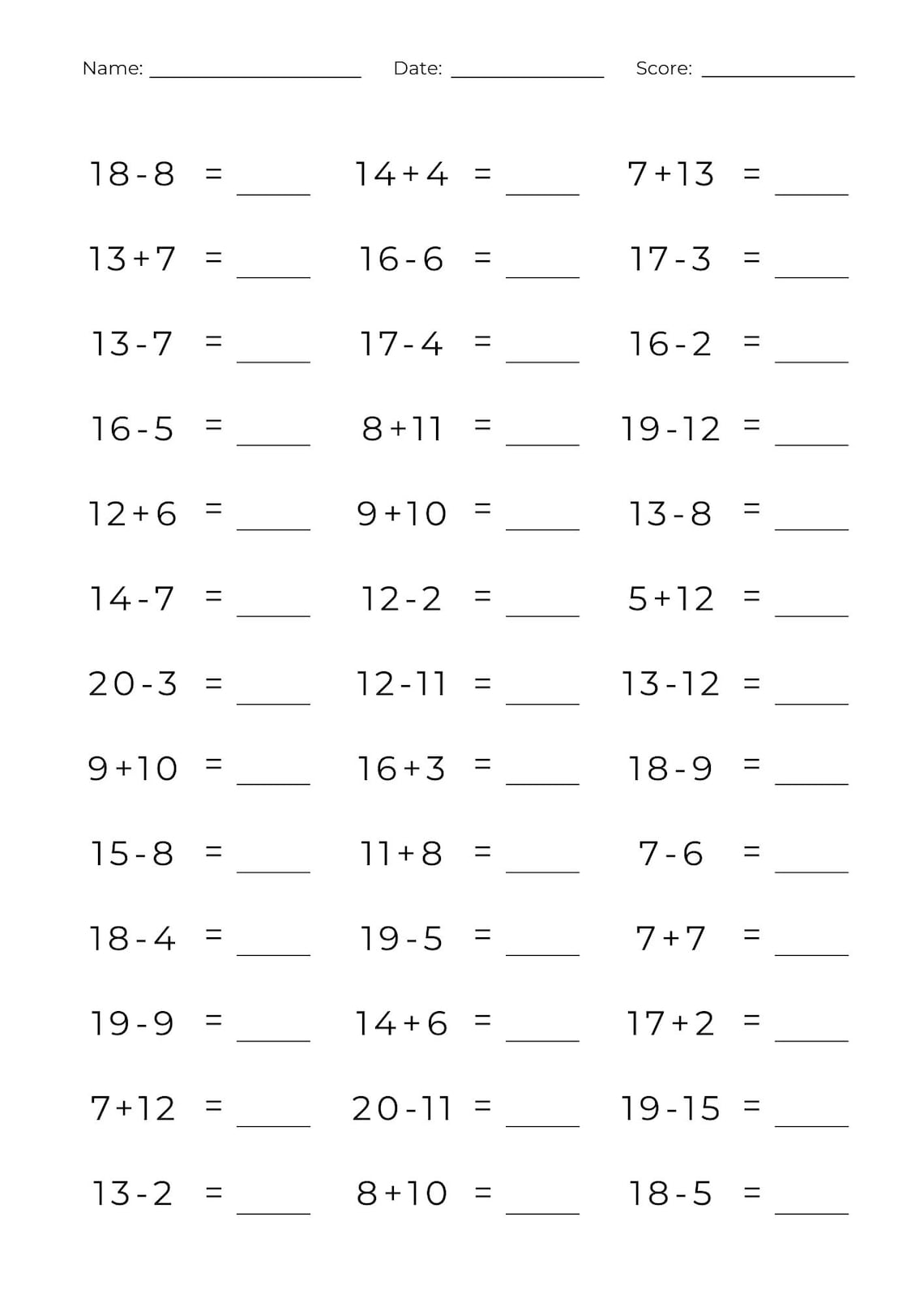 10 Printable Addition Within 20 and Subtraction Within 20 Worksheets ...