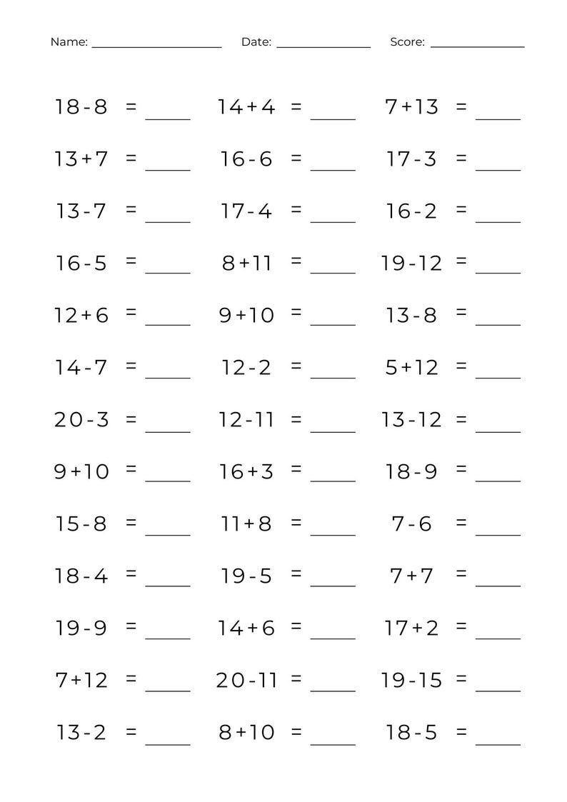 10 Printable Addition Within 20 and Subtraction Within 20 Worksheets ...