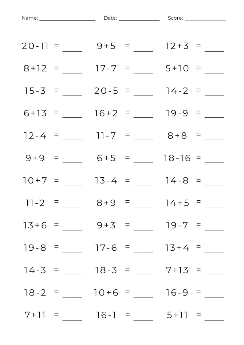 10 Printable Addition Within 20 and Subtraction Within 20 Worksheets ...