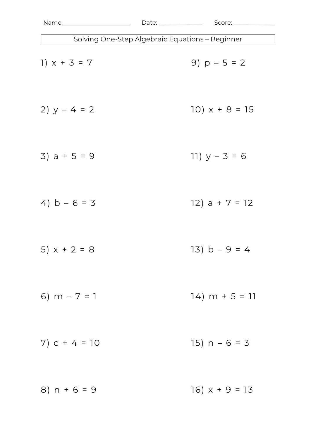 10 Printable One Step Algebra Equation and Two Step Algebra Equations ...