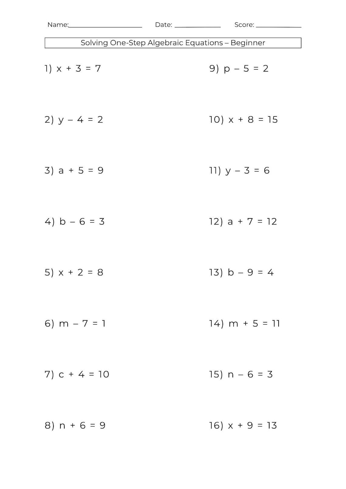10 Printable One Step Algebra Equation and Two Step Algebra Equations ...