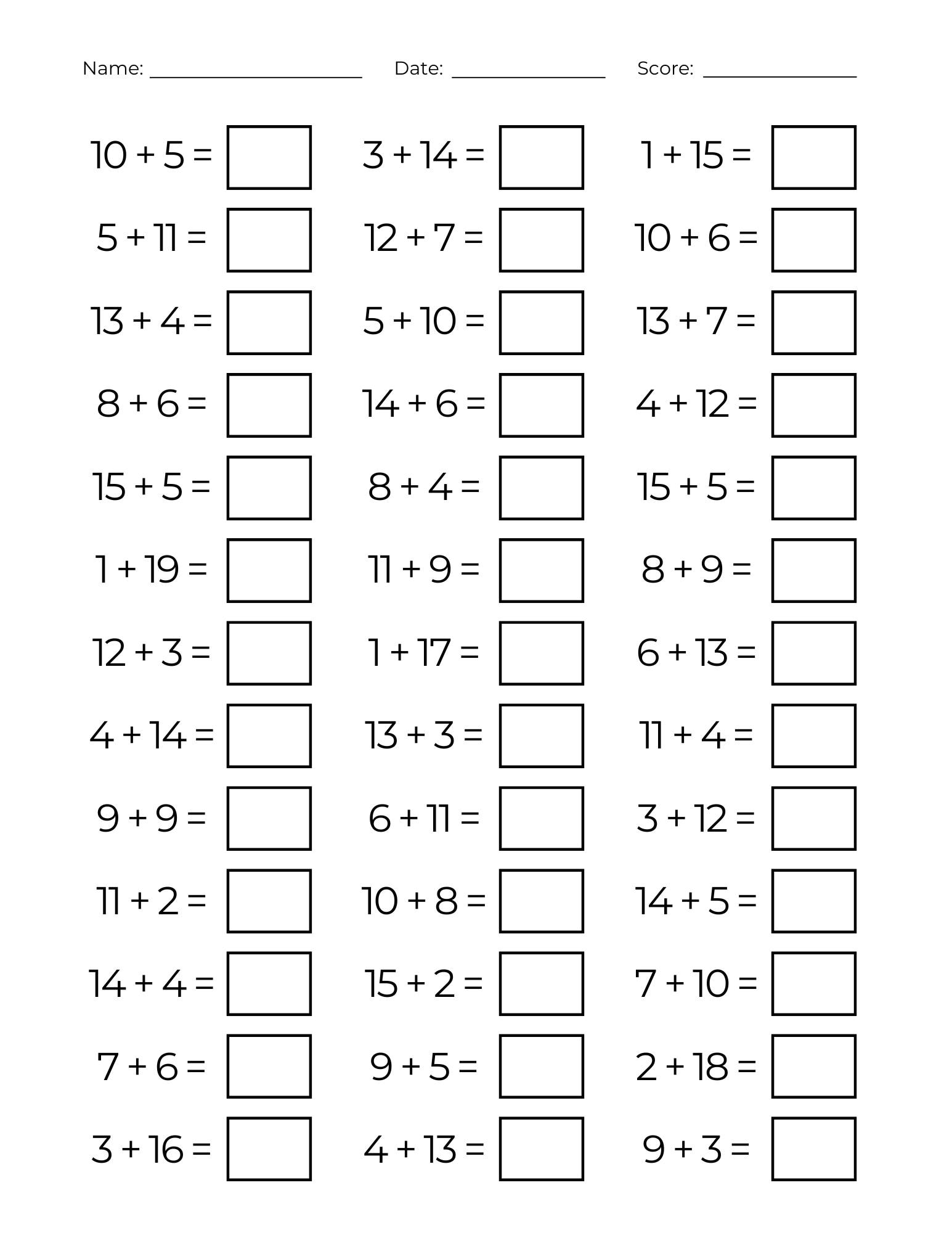 10 Printable Adding to 20 Worksheets - Simple Addition One Digit ...