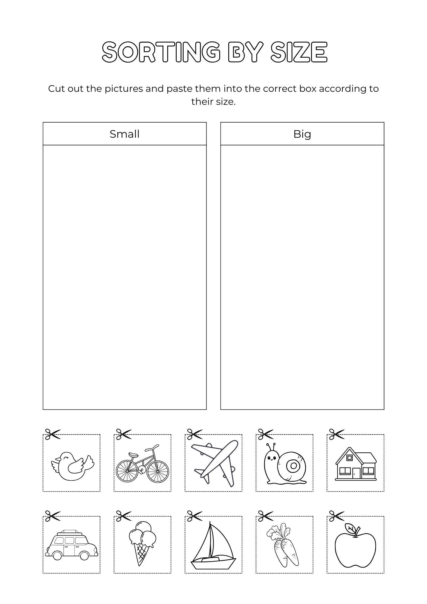 Big and Small Size Sorting Worksheets: Preschool Math (PDF Download A4 ...