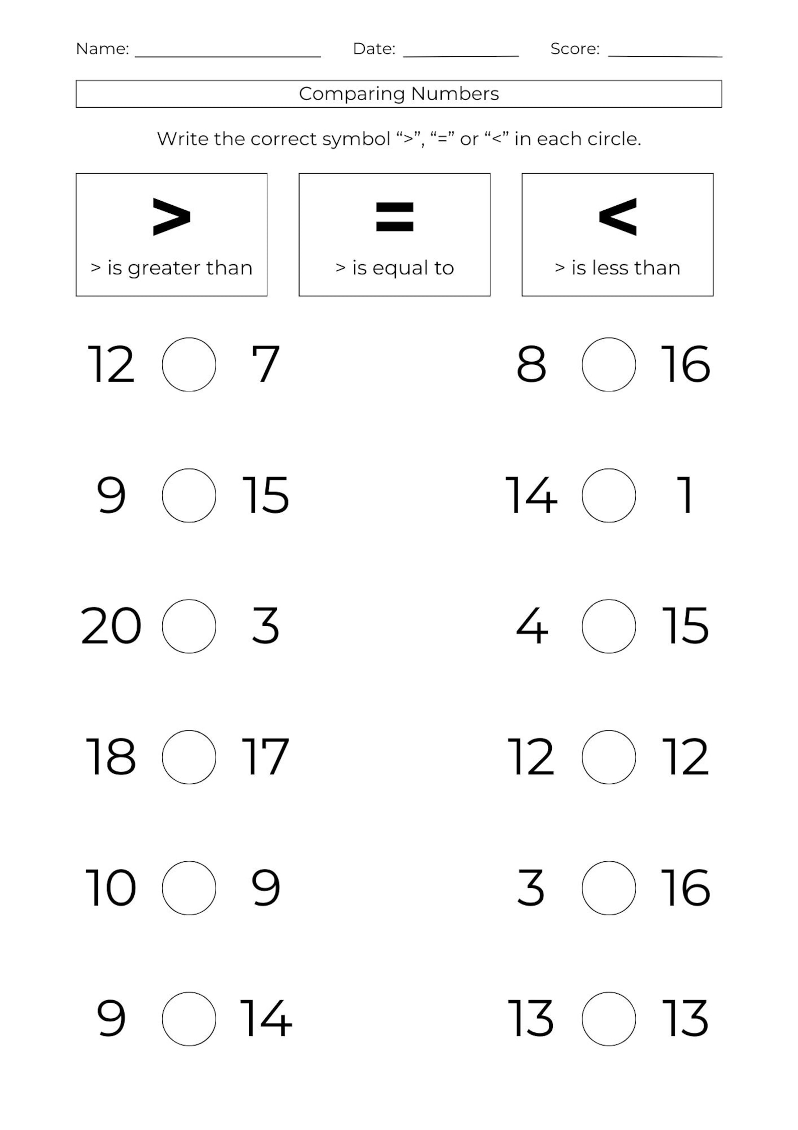 10 Printable Comparing Numbers Worksheets – Greater Than, Less Than ...