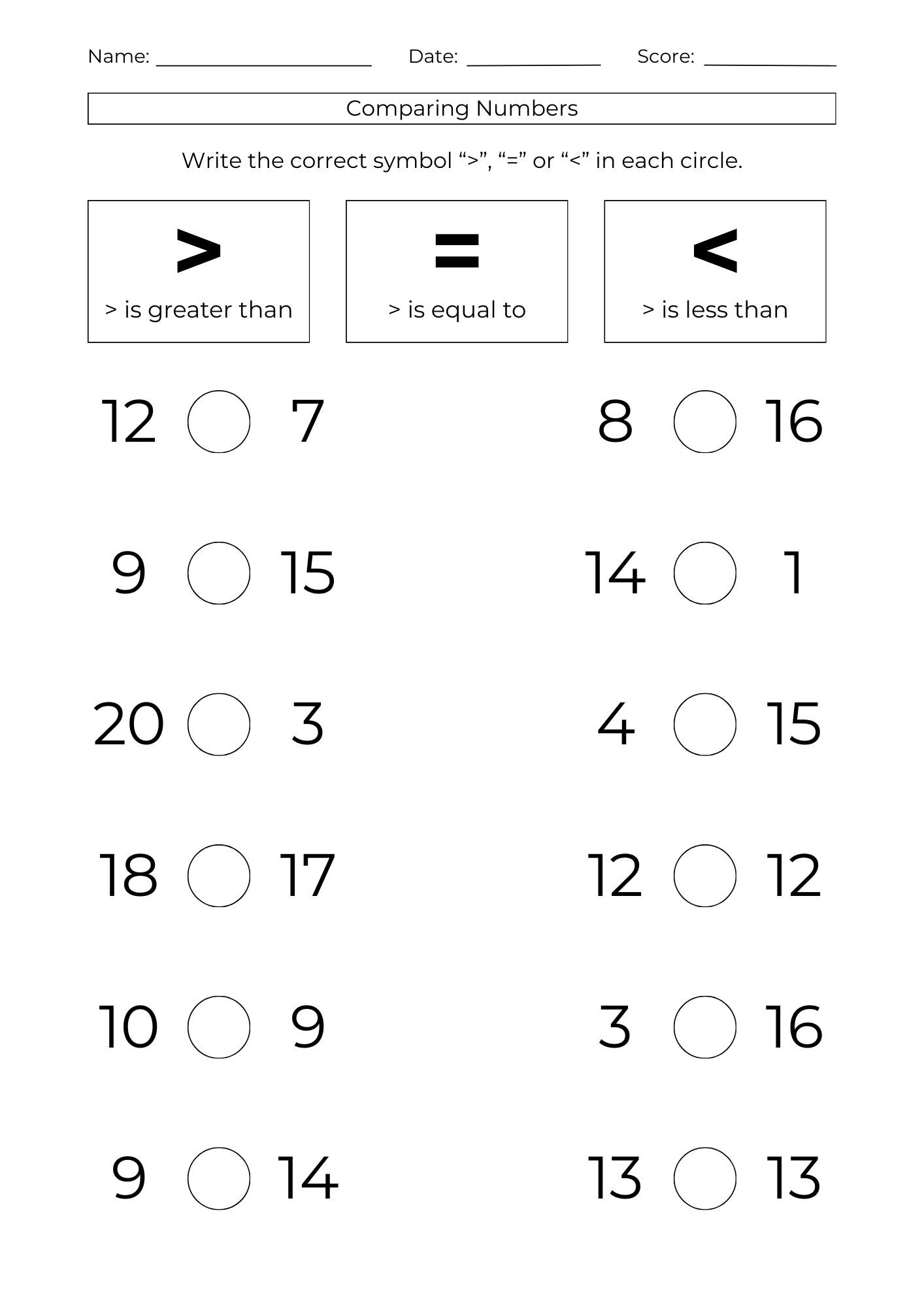 10 Printable Greater Than Less Than Equal Worksheets – Compare the ...