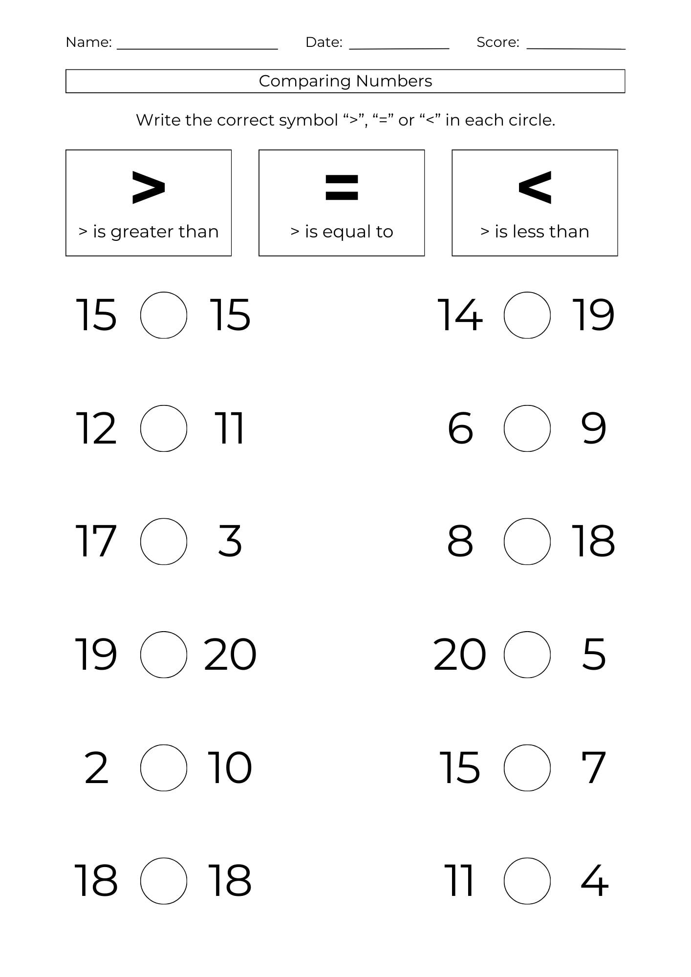 10 Printable Greater Than Less Than Equal Worksheets – Compare the ...