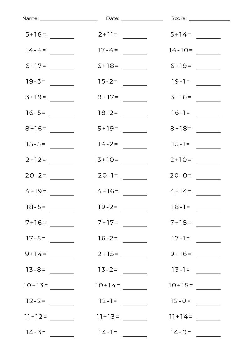20 Printable Addition & Subtraction Worksheets to 20: Math Practice ...