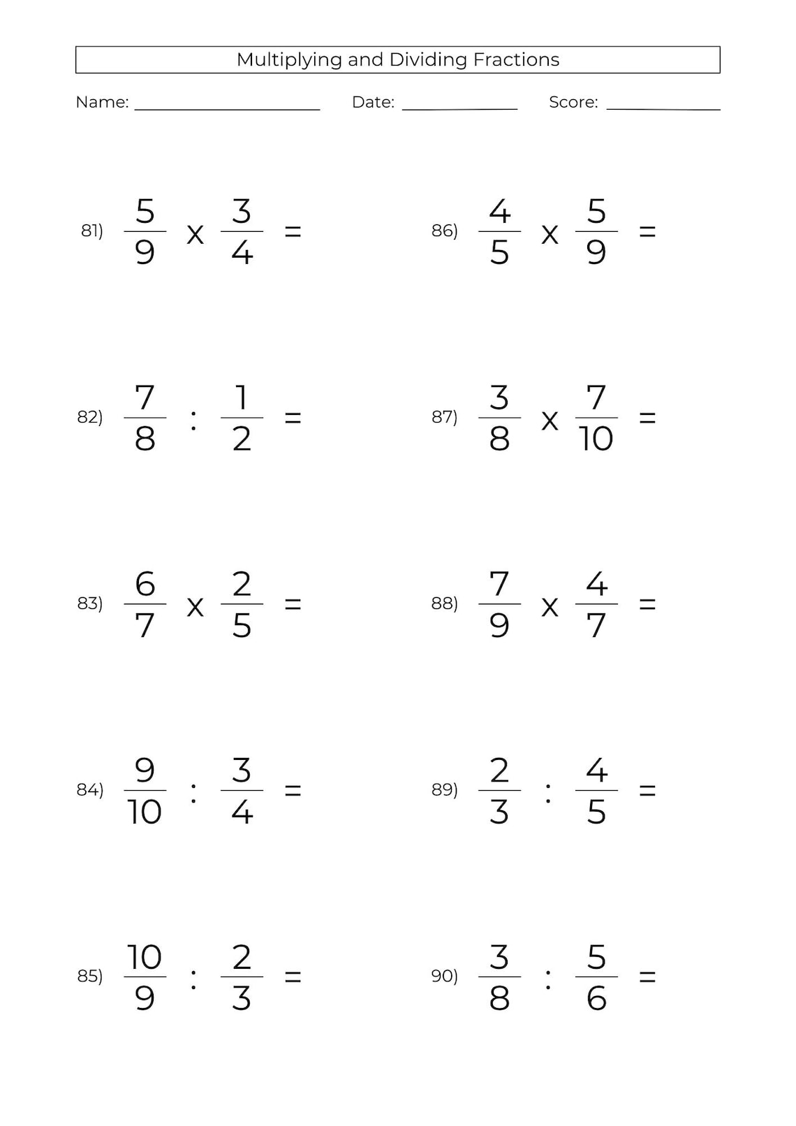 10 Printable Multiplying & Dividing Fractions Worksheets – 5th Grade ...