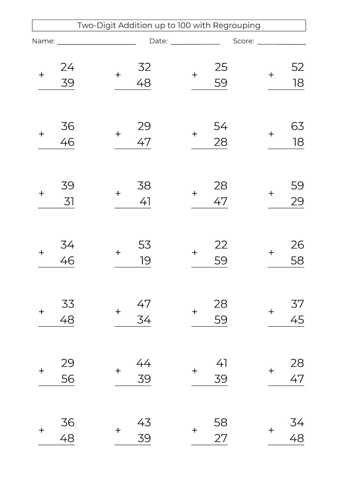 10 Printable Double Digit Addition Worksheets: Regrouping to 100 (PDF ...