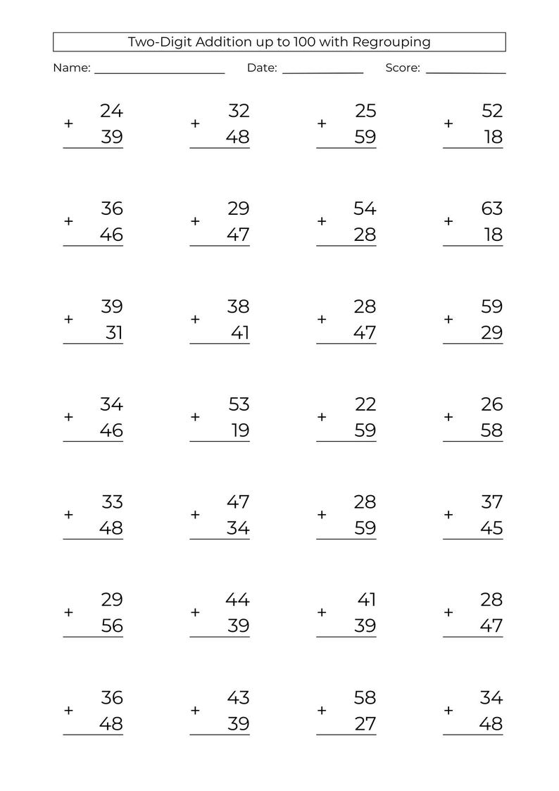 10 Printable Double Digit Addition With Regrouping to 100 Worksheets ...