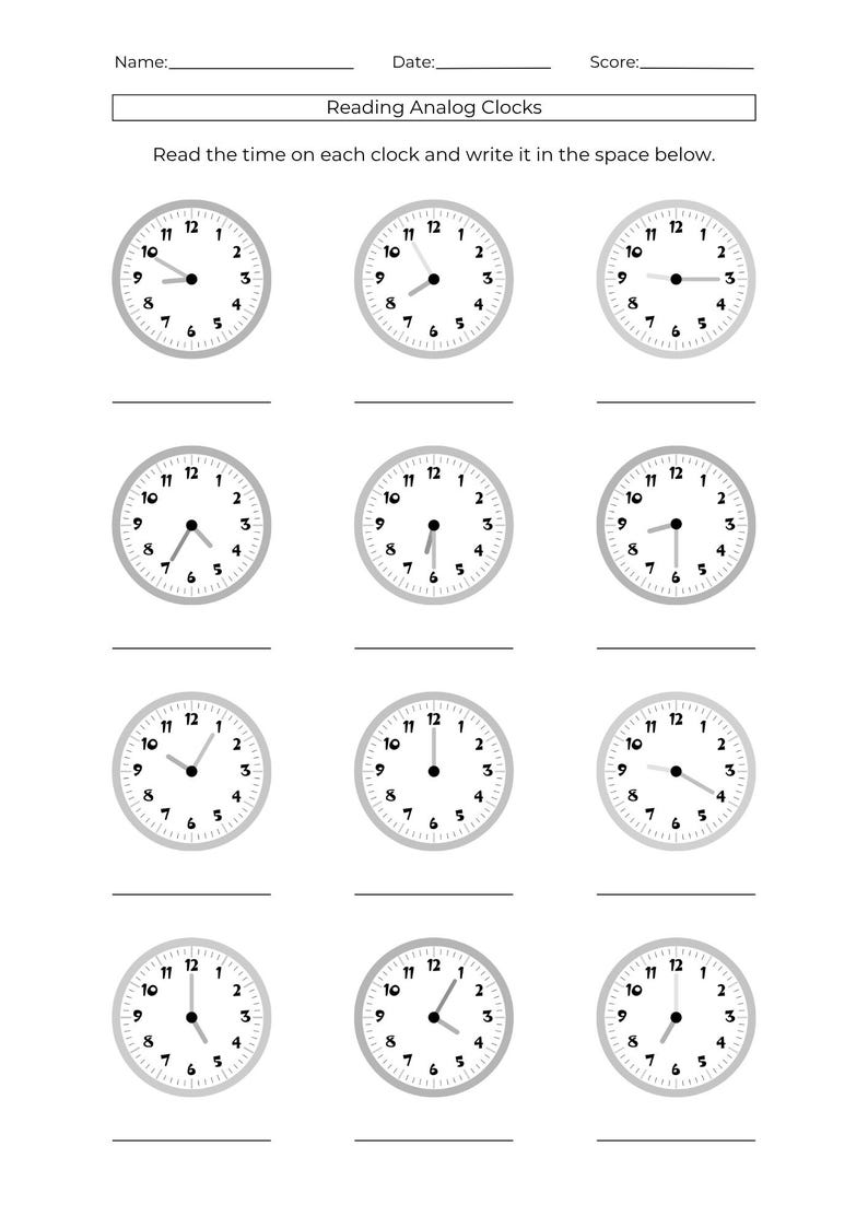 10 Printable Reading Clock Worksheets Analog Clock Practice Analog ...