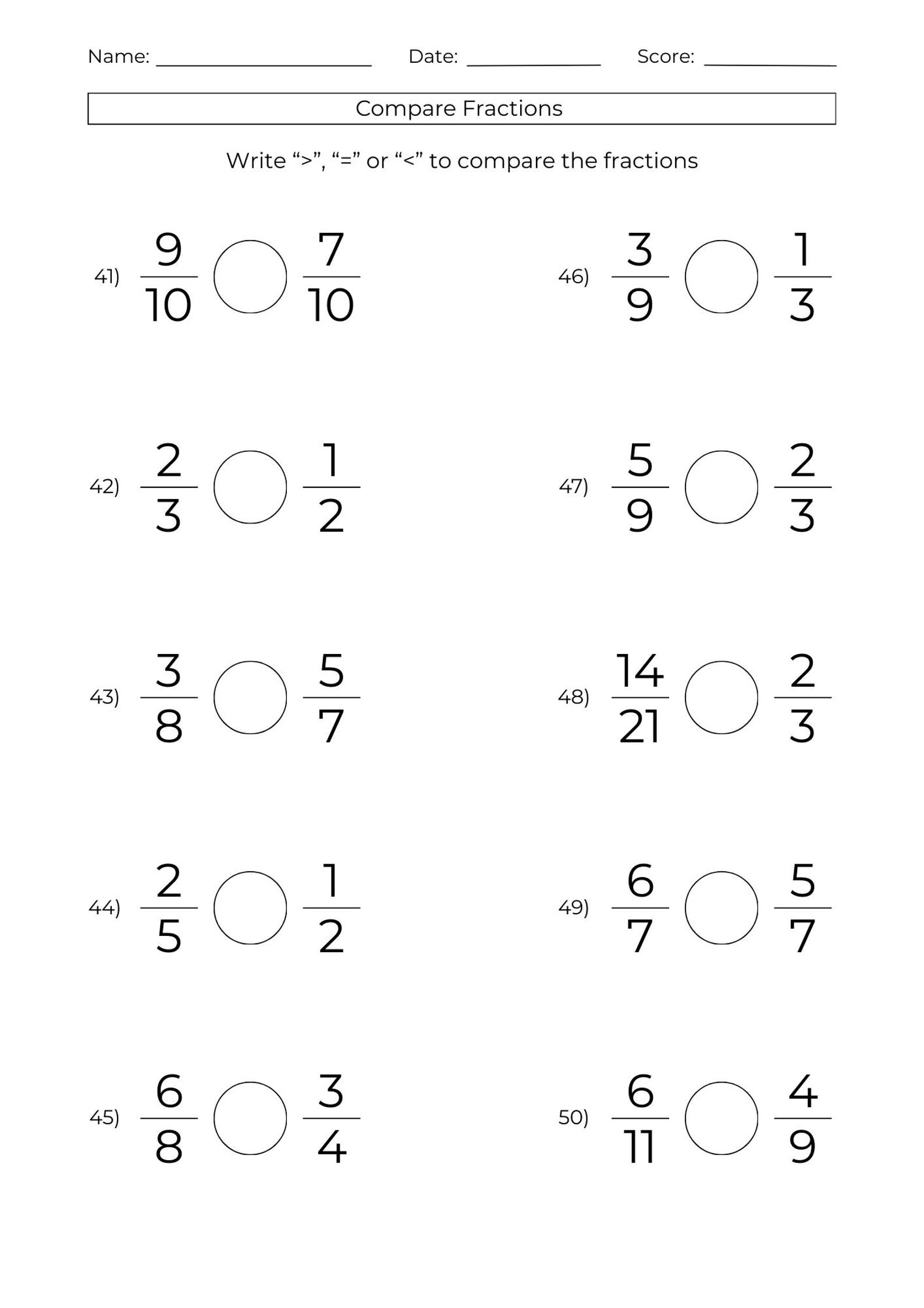 10 Printable Comparing Fractions Worksheets: Math Test Prep (PDF) - Etsy