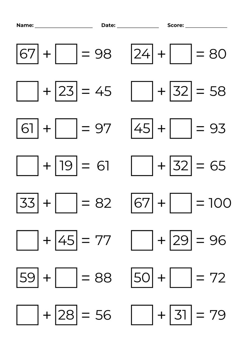 10 Printable Missing Addends Worksheets: Addition to 100 (PDF Pattern ...