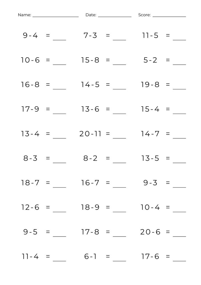 Subtraction Worksheets to 20: Math Activity for Preschool & 1st Grade ...