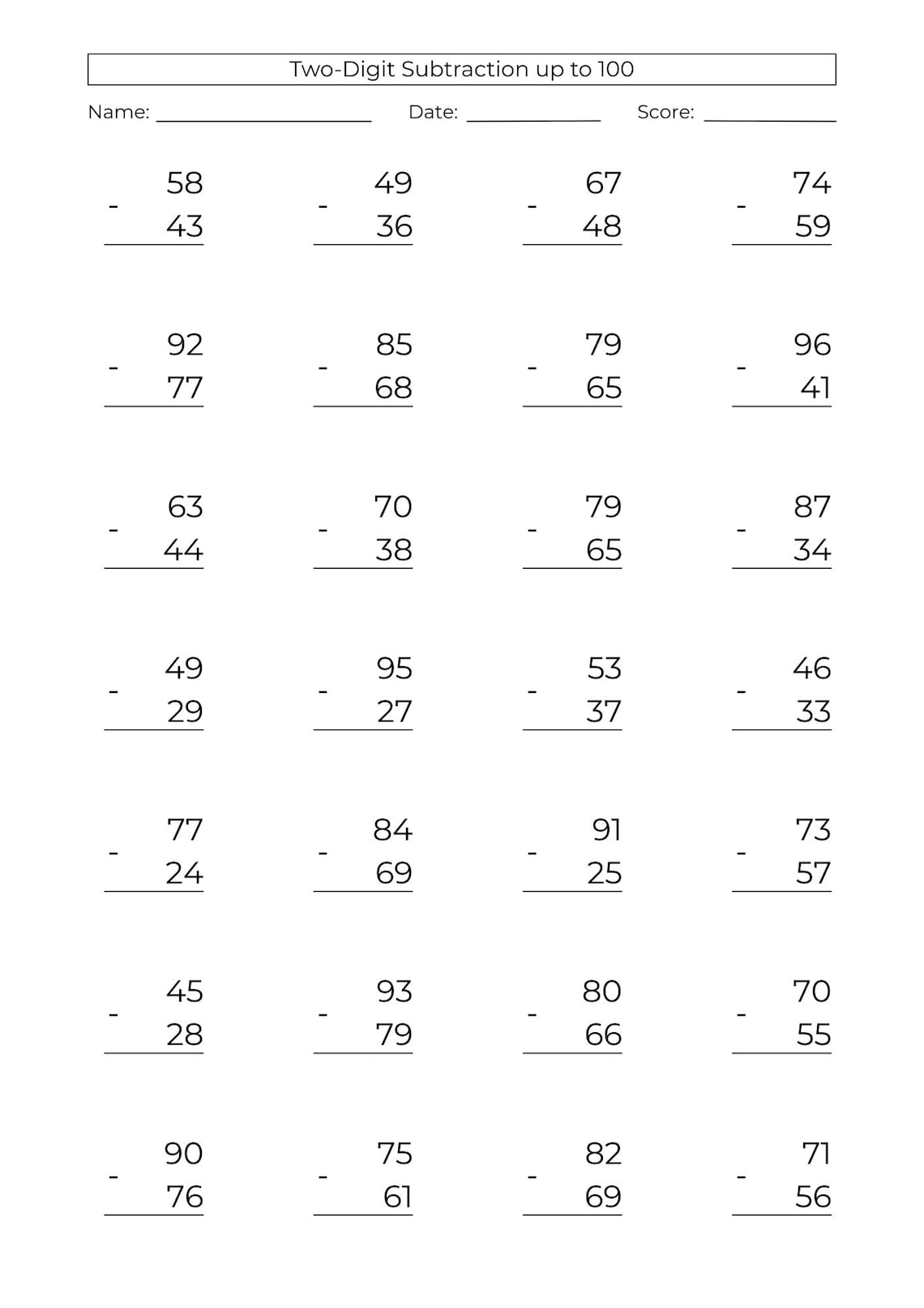 10 Printable Two Digit Subtraction Worksheets Subtraction to 100 Column ...