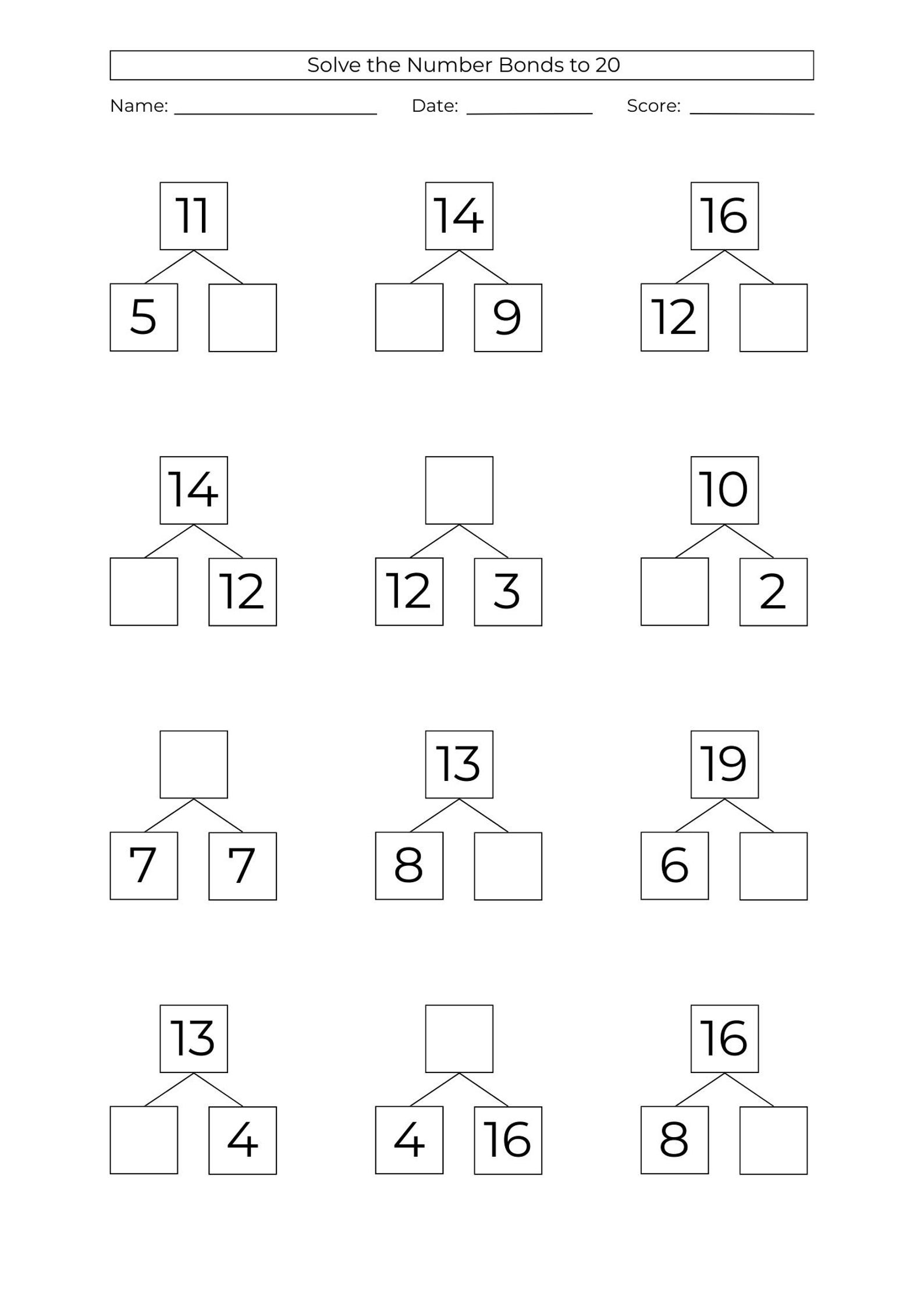 10 Printable Number Bond Worksheets: Fill in the Blanks, Homeschool ...