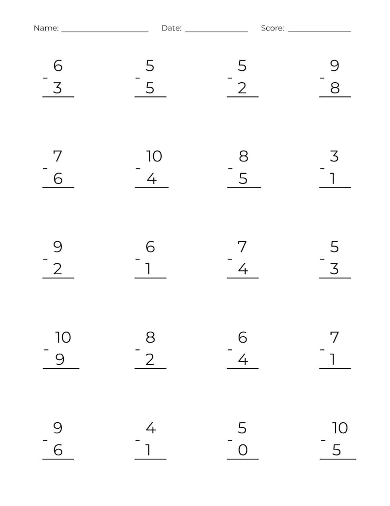 10 Printable Single Digit Subtraction Worksheets: Math Drills to 10 ...