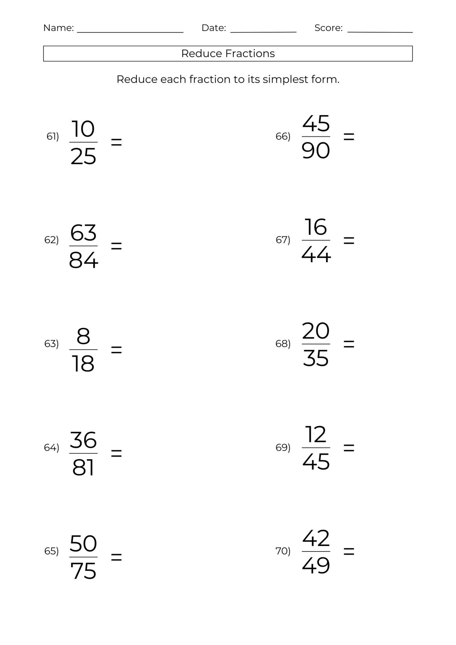 10 Printable Reduce Fractions Worksheets: Math Test Prep for 5th Grade ...
