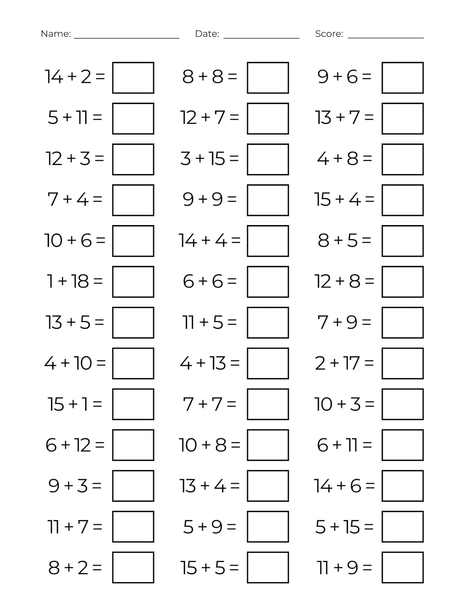 10 Printable Adding to 20 Worksheets - Simple Addition One Digit ...