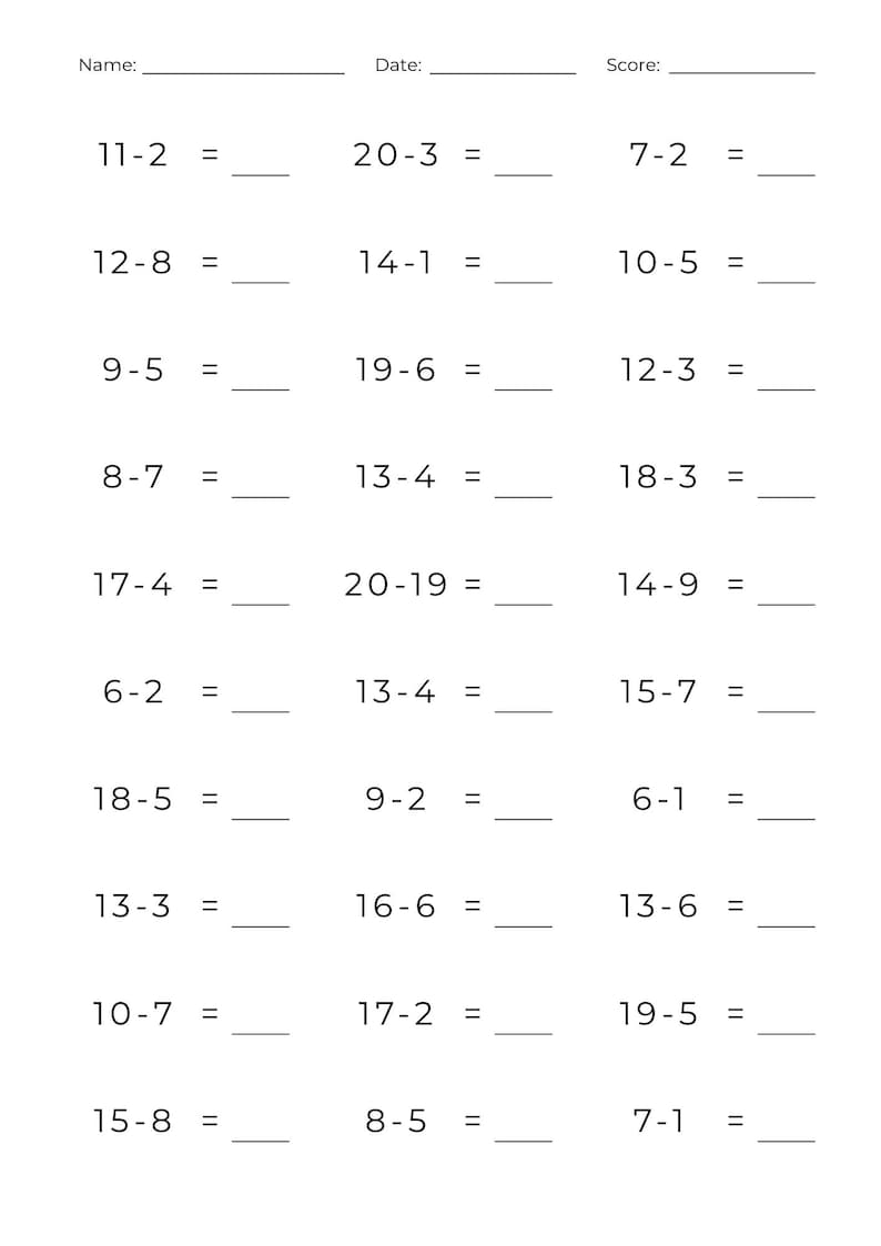 10 Printable Subtraction Worksheets to 20: Math Activity for Preschool ...