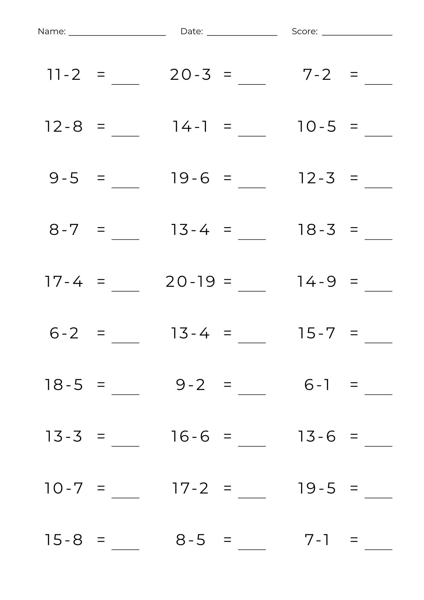 10 Printable Subtraction Worksheets to 20: Math Activity for Preschool ...