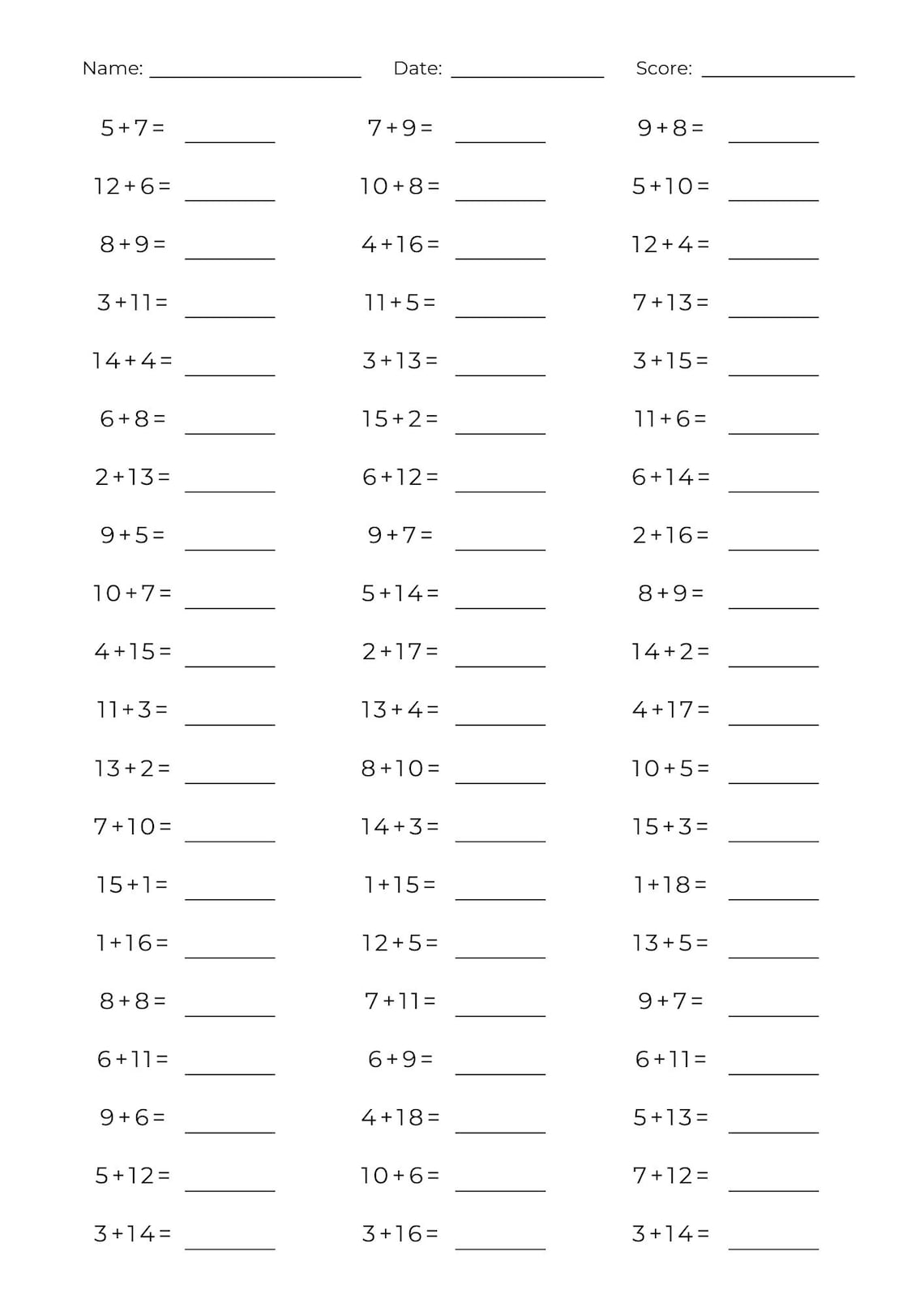 20 Printable Worksheets Addition to 20 and Subtraction to 20 Worksheets ...
