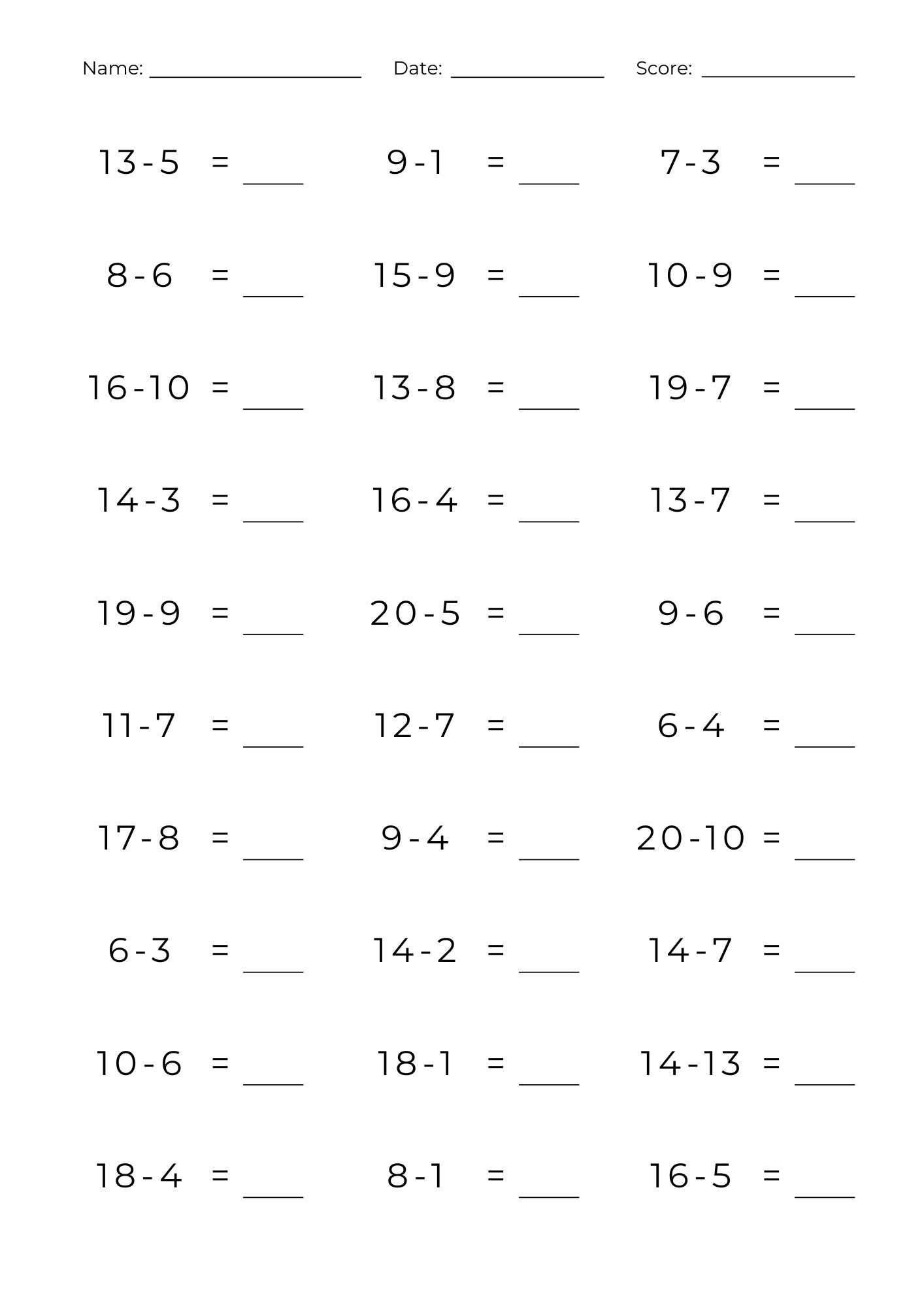 10 Printable Subtraction Worksheets to 20: Math Activity for Preschool ...