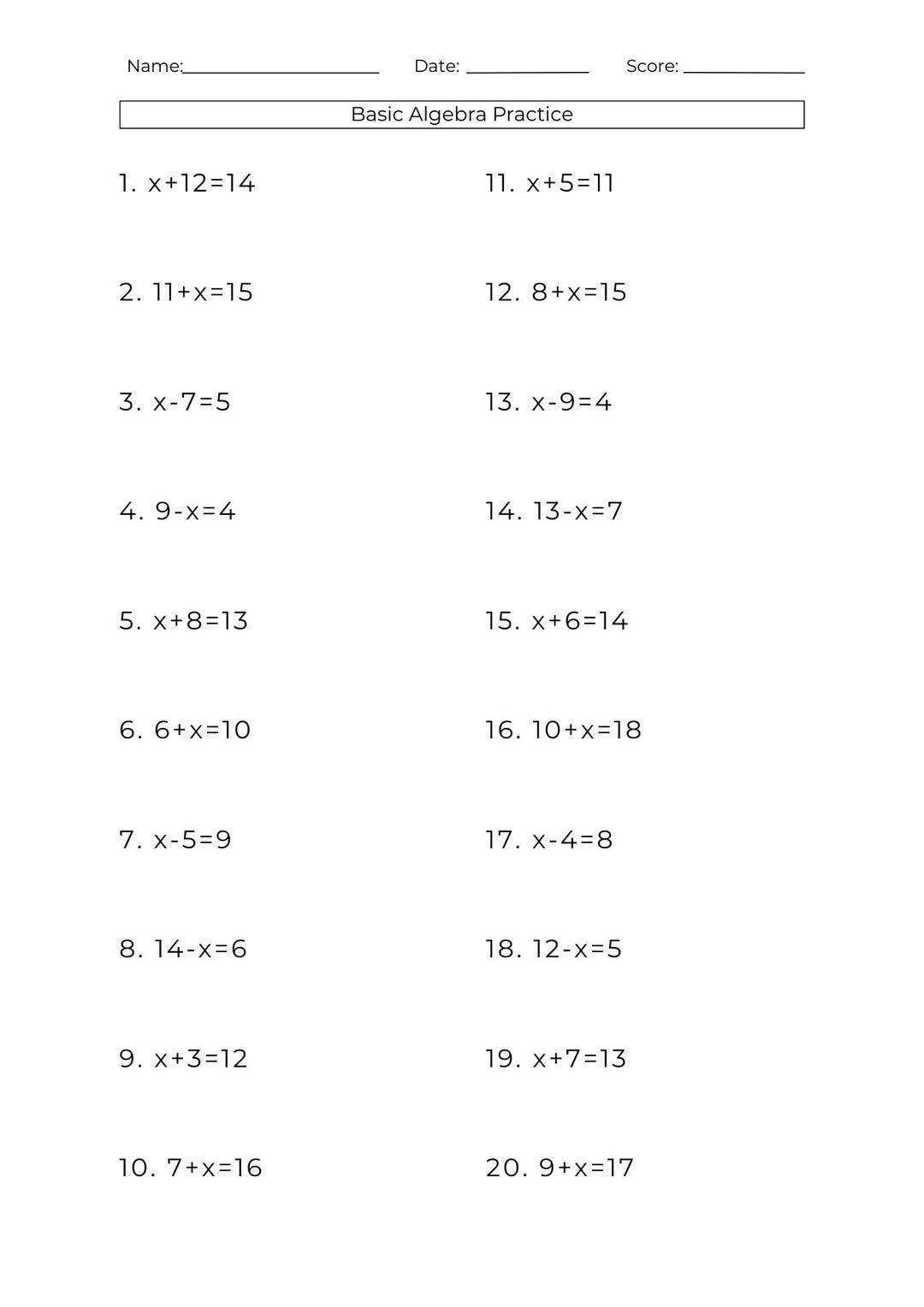 10 Printable Basic Algebra Worksheets: Solving Algebraic Equations ...