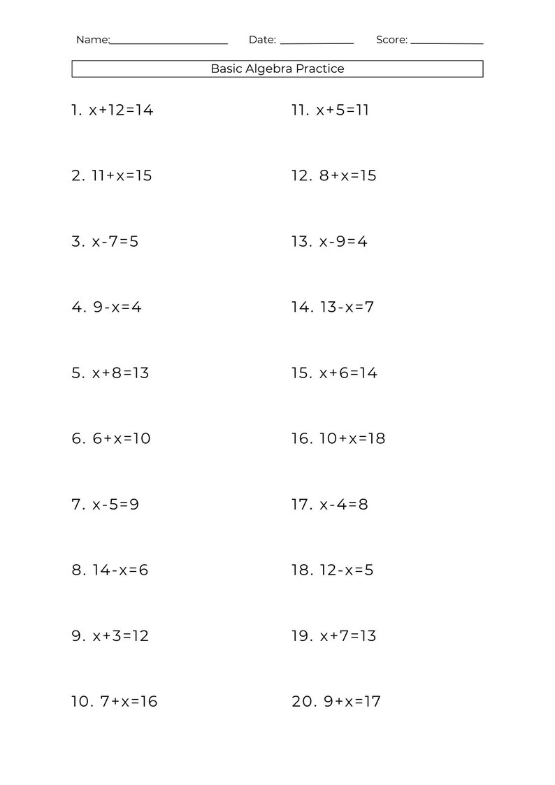 10 Printable Basic Algebra Worksheets: Solving Algebraic Equations ...