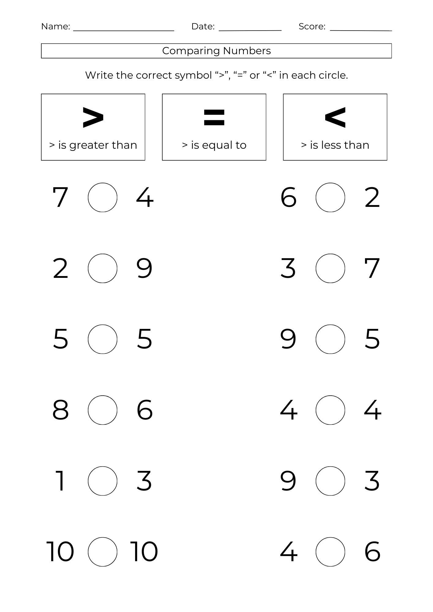 10 Printable Greater Than Less Than Equal Worksheets – Compare the ...