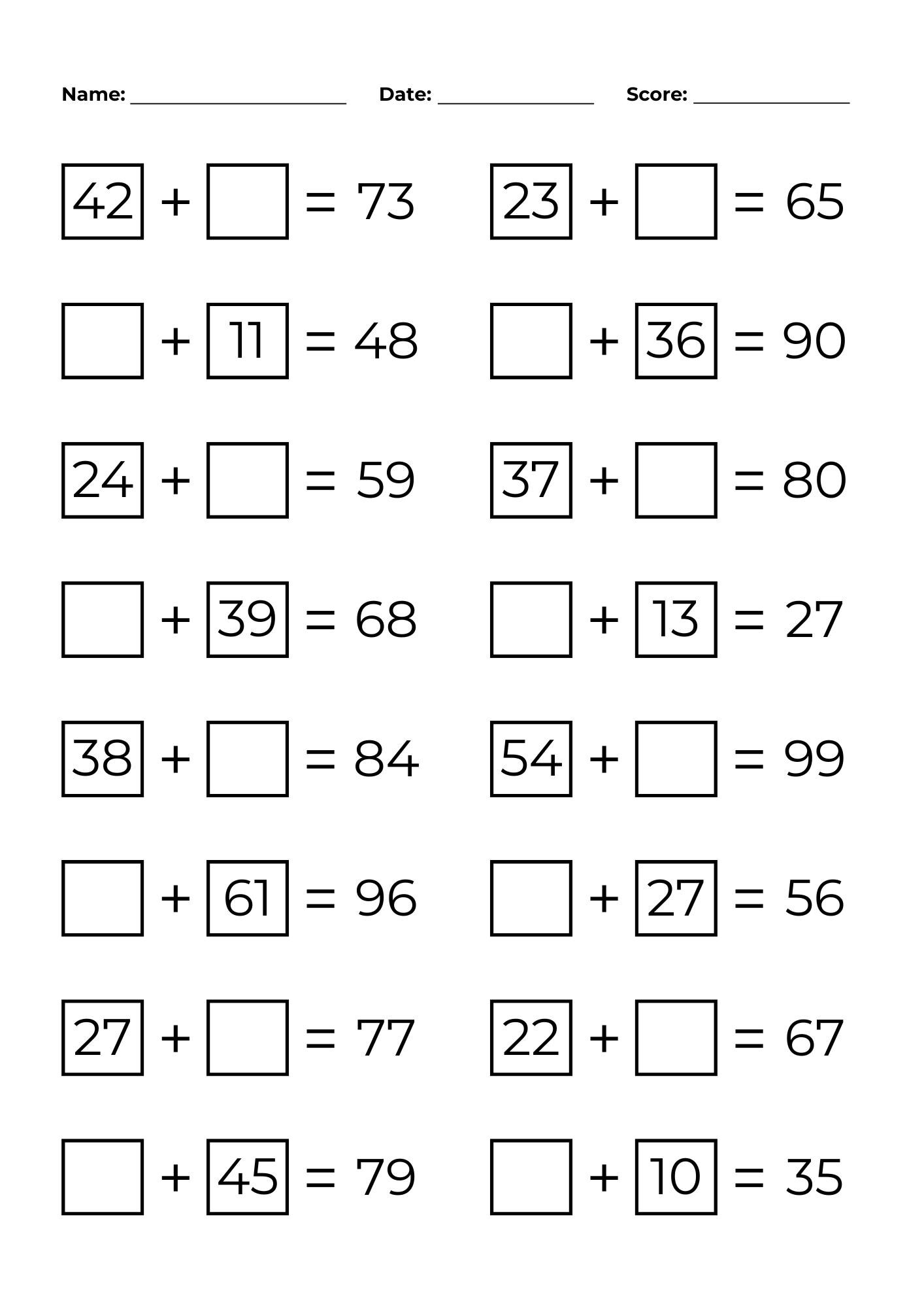 10 Printable Missing Addends Worksheets: Addition to 100 (PDF Pattern ...
