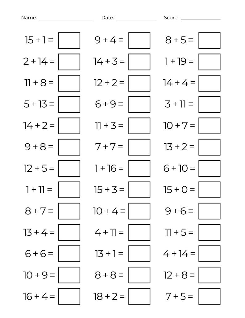 10 Printable Adding to 20 Worksheets - Simple Addition One Digit ...