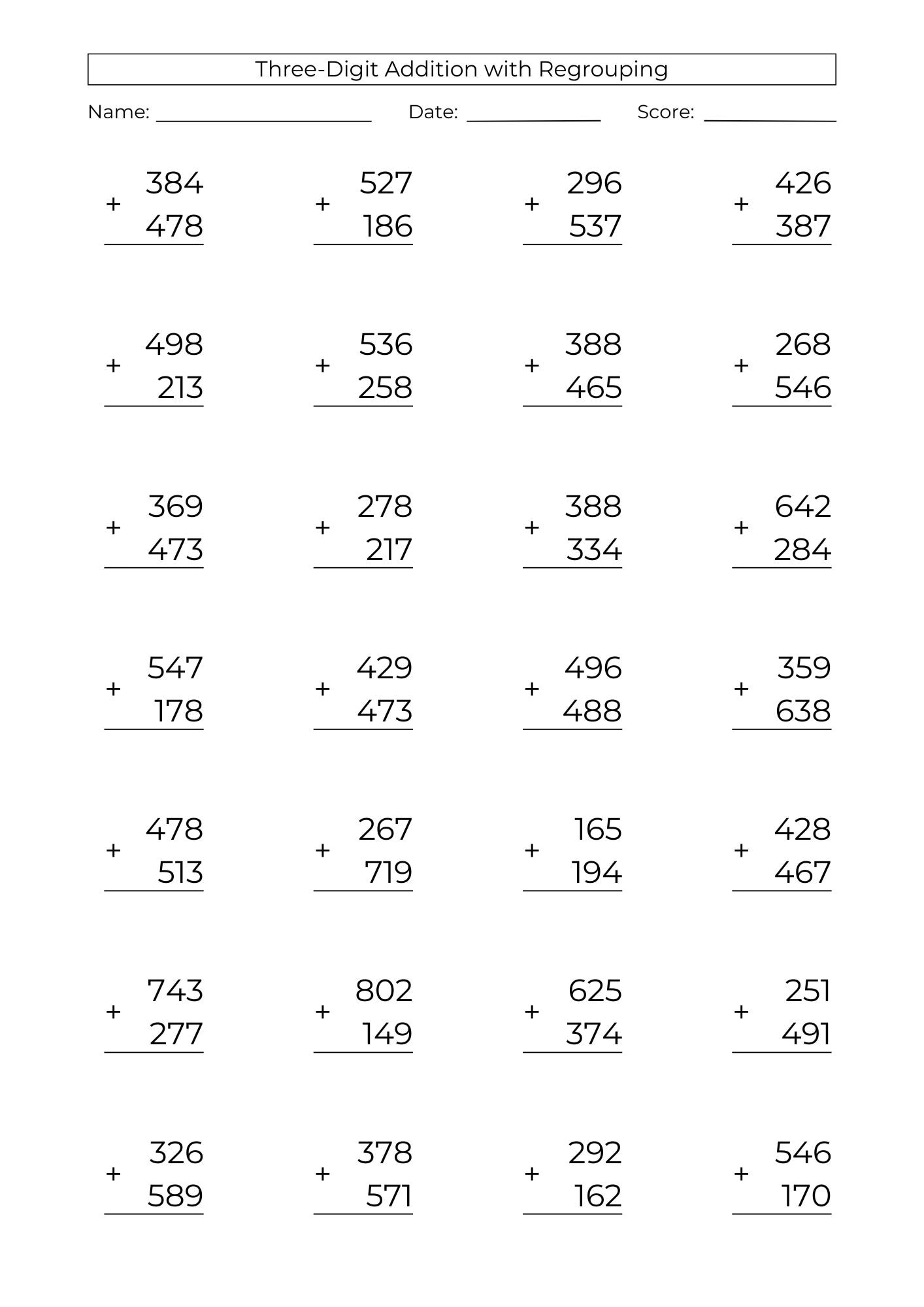 10 Printable 3 Digit Addition With Regrouping Worksheets 3 Digit ...
