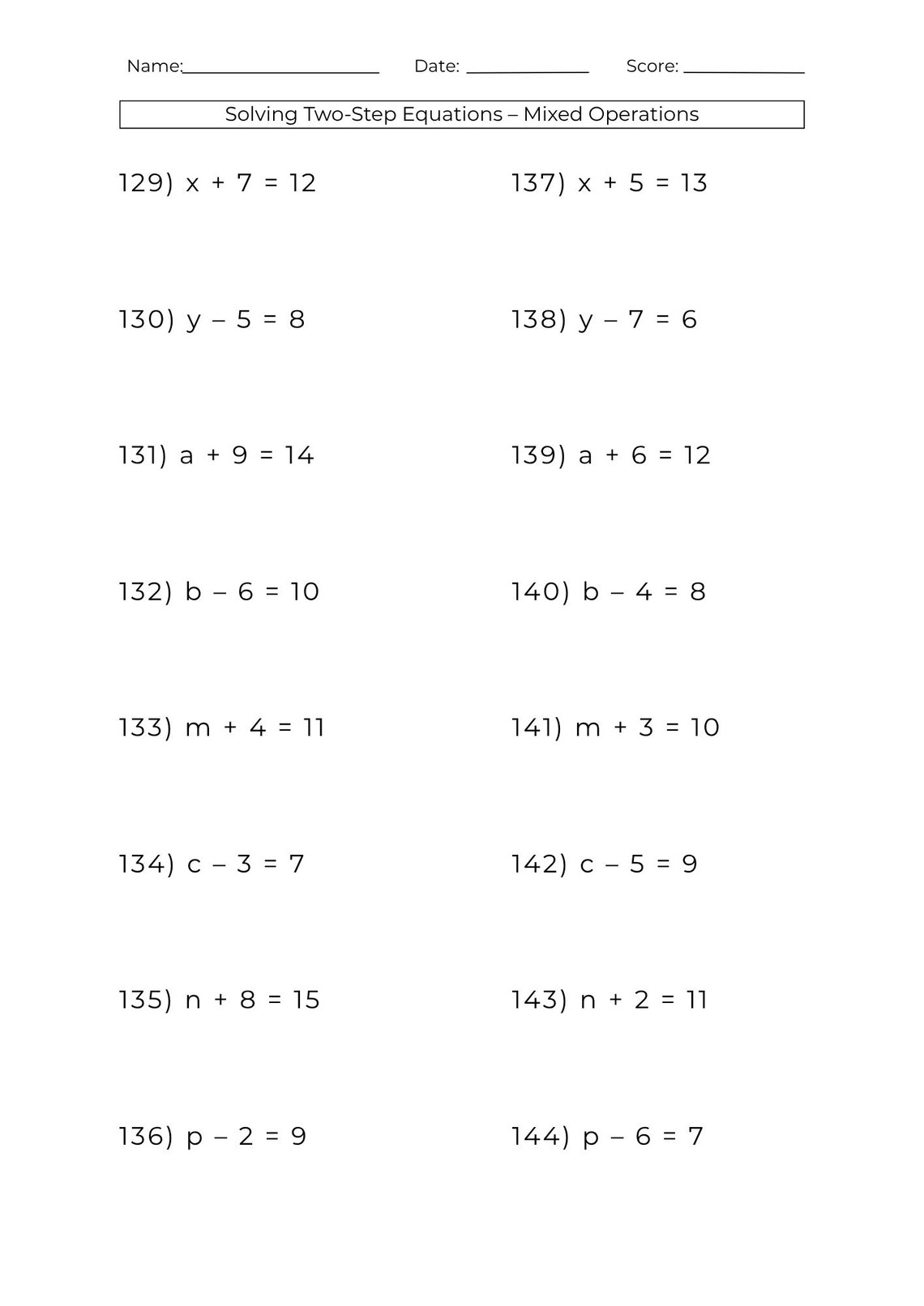 10 Printable One Step Algebra Equation and Two Step Algebra Equations ...