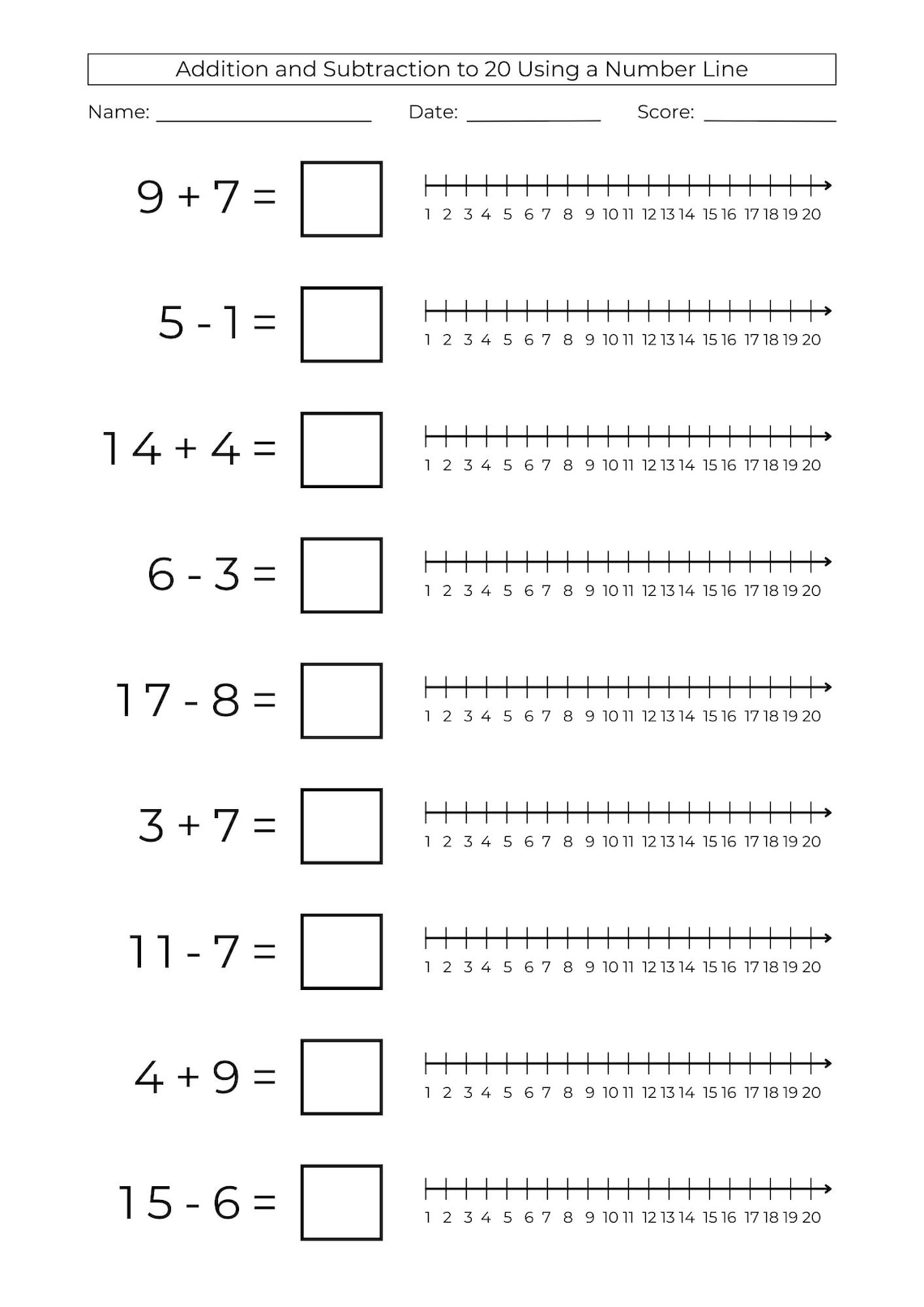 10 Printable Number Line Addition & Subtraction Worksheets: Math to 20 ...