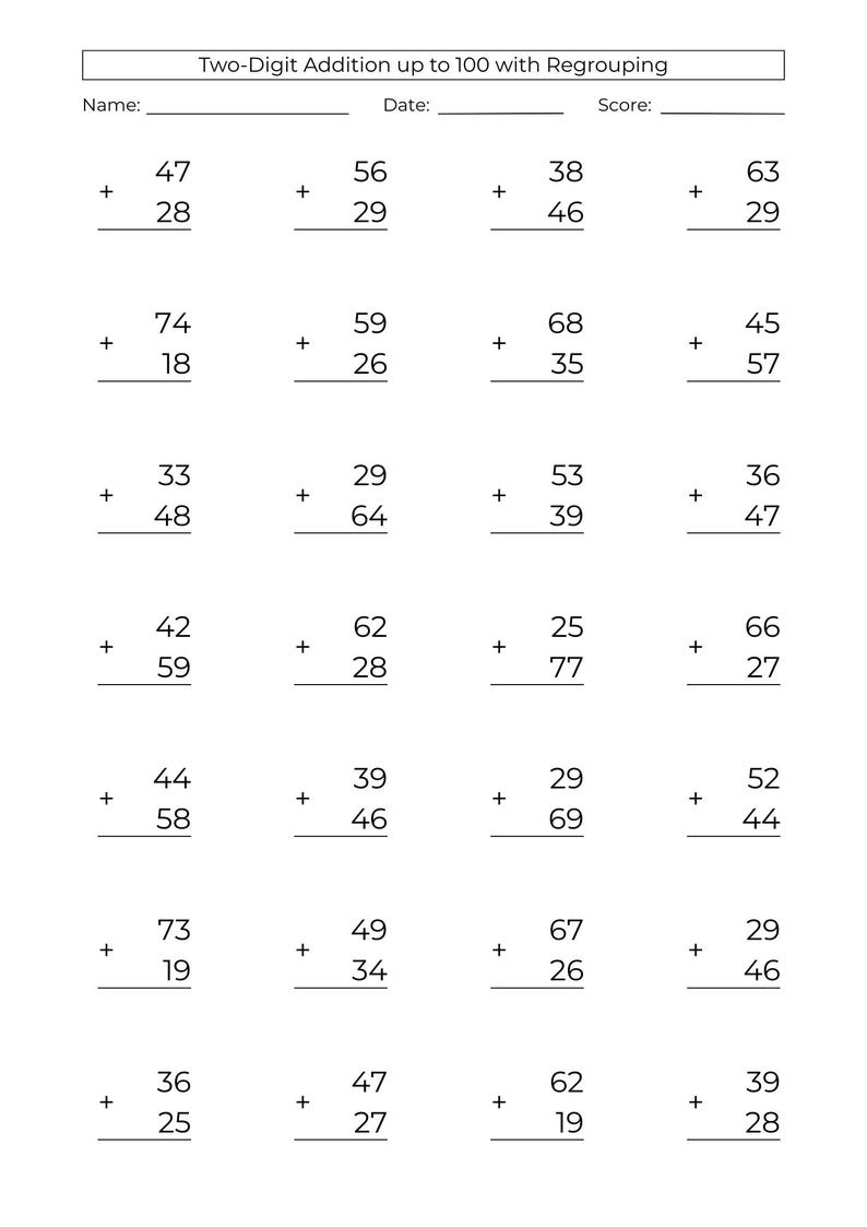 10 Printable Double Digit Addition With Regrouping to 100 Worksheets ...