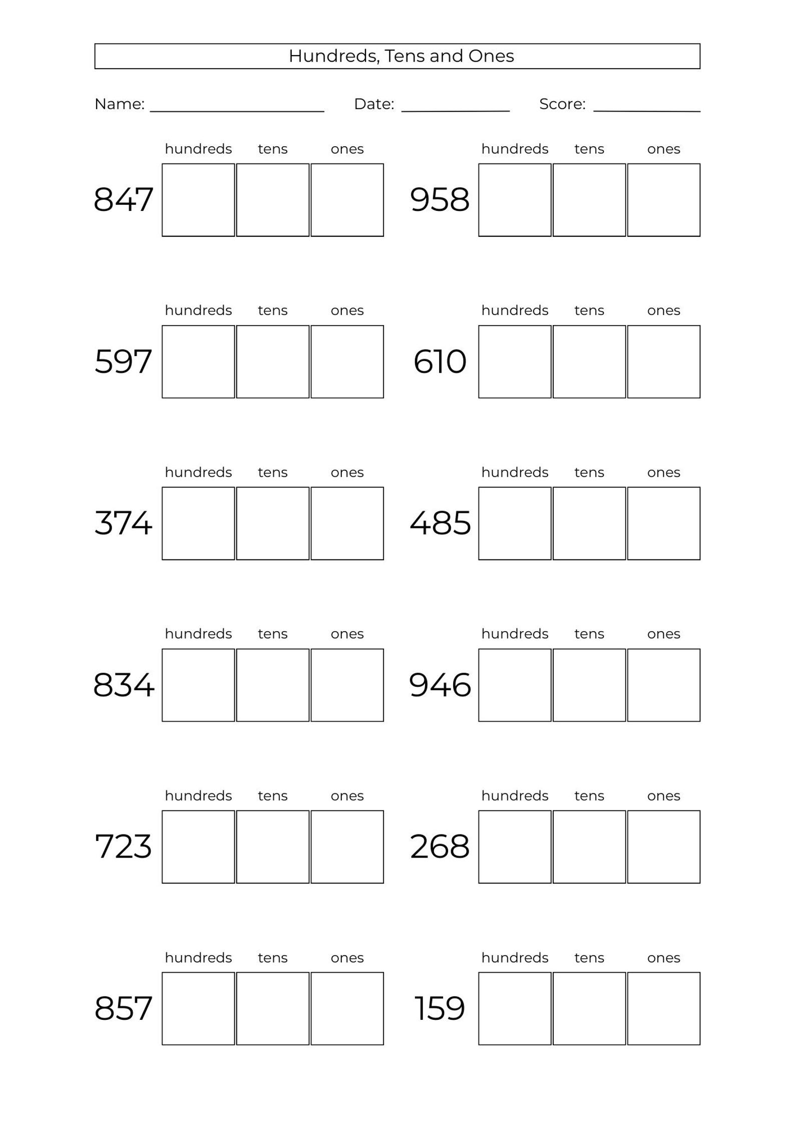 10 Printable Place Value Worksheets: Hundreds, Tens, Ones - 1st & 2nd ...