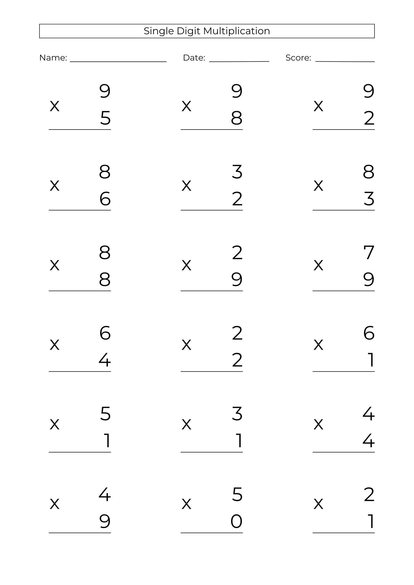 10 Printable Single Digit Multiplication: Multiply in Columns, Column ...