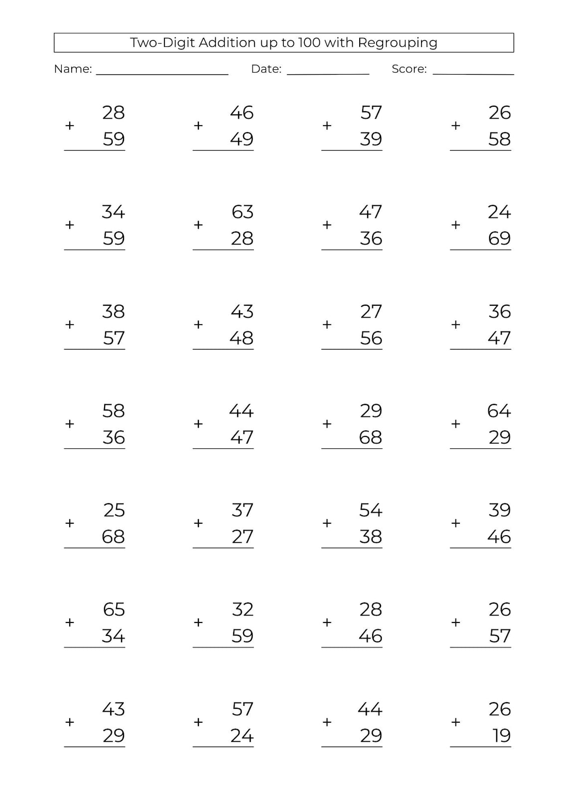 10 Printable Double Digit Addition Worksheets: Regrouping to 100 (PDF ...